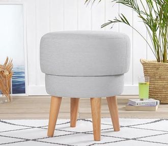 Atelier Del Sofa Elegant Light Grey Pouffe, 51 cm Height, 47 cm Diameter | 100% Linen, 35 DNS Orthopedic Sponge (6 cm Thick) | Sturdy Beechwood Legs, Perfect for Moder