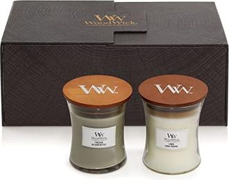 Woodwick Duftkerzen-Geschenkset | Fireside & LinenDuftkerze im Sanduhrglas mit knisternden Dochten | Bis zu jeweils 60 Stunden | Geschenkbox | Perfekte Geschen