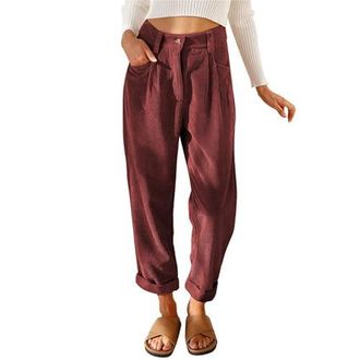 Generic Pantalon vintage d&eacute;contract&eacute; en velours c&ocirc;tel&eacute; taille haute avec poches pour femme, Rouge, XXL