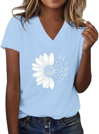 Generic T-shirt pour femme - Col en V - T-shirt d&eacute;t&eacute; &agrave; manches courtes - Haut imprim&eacute; floral - Pour le sport d&eacute;contract&eacute; et les loisirs - Tunique basique - T-