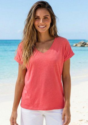 Beach Time V-Shirt mit fixiertem &Auml;rmelumschlag (2-tlg) aus luftiger Viskose-Qualit&auml;t