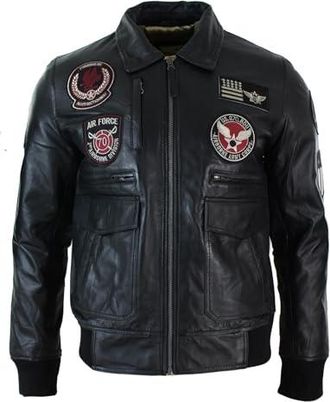 TruClothing Blouson pour Homme Cuir v&eacute;ritable Badges Style Pilote air Force Bomber - Noir 3XL
