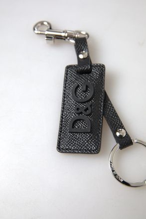 Dolce & Gabbana Mens Black Dg Logo Leather Silver Metal Keychain Accessory
