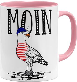 OM3 Seemöwe Moin Kaffee-Tasse mit Spruch - Guten Morgen Möwe II - Keramik Becher - 11oz 325ml - Beidseitig Bedruckt - Rosa