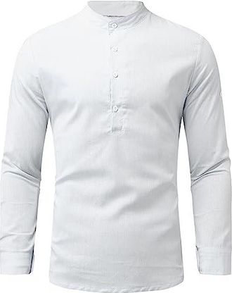 Generic Chemise d&eacute;t&eacute; en coton et lin pour homme - Haut d&eacute;contract&eacute; de couleur unie - Col montant - Chemisier &agrave; manches longues - Haut tendance - Coupe droite,