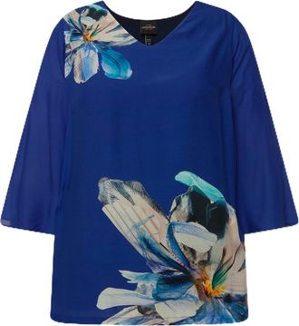 Ulla Popken Damen gro&szlig;e Gr&ouml;&szlig;en &Uuml;bergr&ouml;&szlig;en Plus Size Bluse, Bl&uuml;ten, Oversized, V-Ausschnitt, 3/4-Glocken&auml;rmel Dunkles Saphir 50+ 828536740-50+
