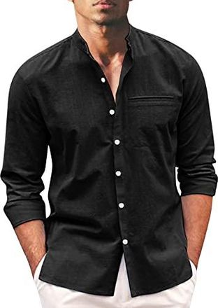 Generic Chemise de plage en lin blanc &agrave; manches longues pour homme - Chemise boutonn&eacute;e grande taille - Chemise blanche en coton pour homme - T-shirt en coton 