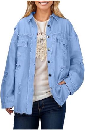 Generic Vestes classiques pour femmes, veste en jean de couleur unie, mi-longue, style vieilli, &agrave; manches longues, manteau en jean d&eacute;contract&eacute; 2026, bleu clai