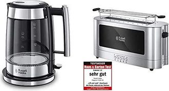 Russell Hobbs Wasserkocher, Glas Elegance, 200W & Toaster Langschlitz Elegance Glas/Edelstahl, inkl. Br&ouml;tchenaufsatz, 6 elektronisch einstellbare Br&auml;unungsstufen + 