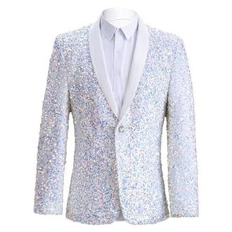 Generic Veste de costume &agrave; paillettes brillantes pour homme, ch&acirc;le, revers de sc&egrave;ne, f&ecirc;te, bal, mariage, d&icirc;ner, veste, blazer, smoking disco, blanc, XXL