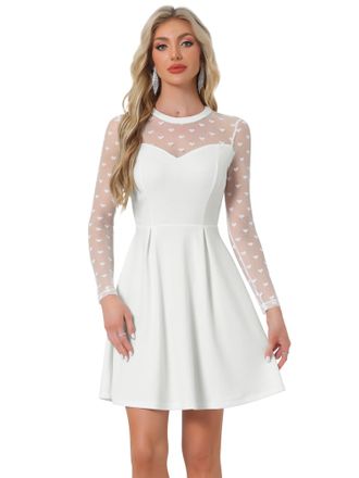 Allegra K Damen Kleid mit Herz-P&uuml;nktchen, Netzstoff, durchsichtig, A-Linie, kurzes Kleid - Wei&szlig; - Mittel