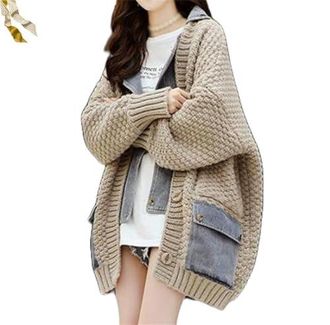 Generic Cardigan en jean avec poches, veste &agrave; boutons contrast&eacute;s tendance, v&ecirc;tements dext&eacute;rieur en tricot boutonn&eacute; patchwork d&eacute;contract&eacute; dautomne, kaki, taill