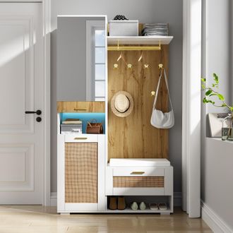 Merax Garderoben-Set, Flurgarderobe mit Spiegel und Schuhbank, Kleiderschrank-Set mit LED-Beleuchtung, 5 goldenen Kleiderhaken/Schuhschrank/Wandgarderobe/Ob