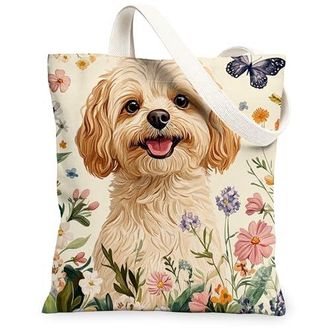 Generic Sac fourre-tout en toile motif cavachon printanier pour le shopping, 33 x 38,1 cm, sac d&eacute;picerie r&eacute;utilisable pour femme, animal de compagnie, peintur