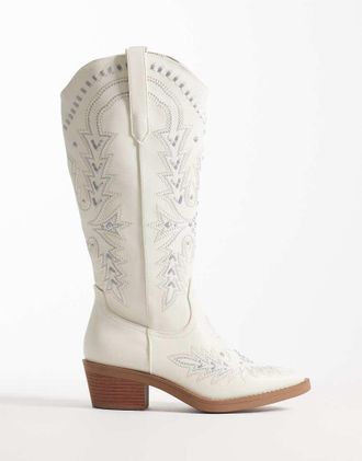 Glamorous Kniehohe Westernstiefel in Cremewei&szlig; mit Stickerei