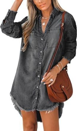 Cupshe Mini robe tunique en jean pour femme, décontractée, surdimensionnée, à manches longues, ourlet effiloché, chemisier avec poches, Noir, XL