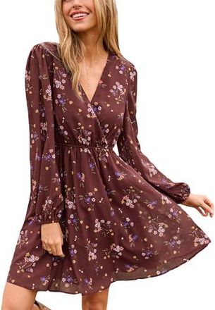 Cupshe Robe dautomne pour femme avec col en V en mousseline de soie, robe trapèze à manches longues paysannes, robe décontractée, Bordeaux Ditsy, Taille M