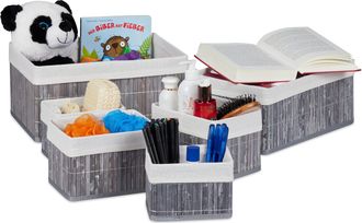 Relaxdays Aufbewahrungskorb 6er Set, mit Stoffbezug, Bambus, rechteckig, Bad, Accessoires, dekorativer Organizer, grau