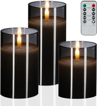 Relaxdays LED Kerzen im Glas, 3er Set, Fernbedienung, Timer & flackernde Flamme, Echtwachs, Windlichter flammenlos, grau