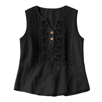 Generic D&eacute;bardeur &agrave; col en V pour femme avec boutons brod&eacute;s floraux, sans manches, en coton et lin, l&eacute;ger et confortable, couleur unie, coupe ample, &eacute;l&eacute;gant, 