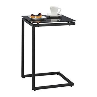 Relaxdays Beistelltisch in C-Form, HBT 60 x 40 x 40 cm, Sesseltisch zum Unterschieben, Metall & Glas, Sofatisch, schwarz