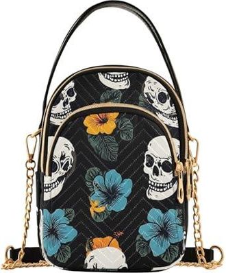 Mnsruu Sac à bandoulière pour femme avec motif tête de mort, squelette, fleur dhibiscus, sac à main à bandoulière avec sangle réglable