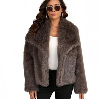 Generic Manteau en fausse fourrure pour femme - Veste en fausse fourrure moelleuse &agrave; manches longues - Veste dhiver en fourrure moelleuse, caf&eacute;, 3XL