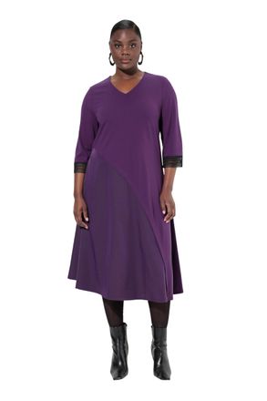 Ulla Popken Damen große Größen Übergrößen Plus Size Punto-Kleid, A-Linie, Tafteinsatz, V-Ausschnitt, 3/4-Arm dunkelviolett 46+ 833465844-46+
