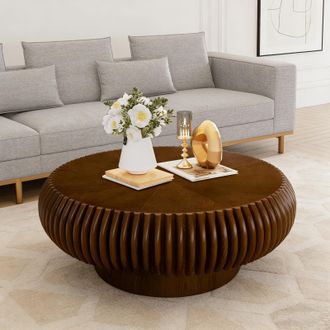 Generic Runder, geriffelter Couchtisch (80 cm Durchmesser) - Einzigartiger, moderner, niedriger runder Teetisch aus Holz mit stabilem Sockel f&uuml;r kleine R&auml;ume 