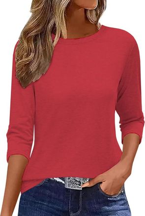 Minetom Tshirt Damen Shirt 3/4 Arm Tshirt Sommer Pullover Basic Tops Casual Oberteile Rundhals Shirt A Rot XXL