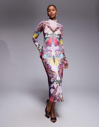 AFRM Shailene - Lang&auml;rmliges Midikleid aus Netzstoff mit dunklem Ornamentmuster und Rollkragen-Bunt