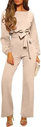 Generic Combinaisons habill&eacute;es pour femmes &agrave; manches longues ceintur&eacute;es pantalons &agrave; jambes larges combinaison barboteuse tenues dinvit&eacute;s de mariage (Abricot,S