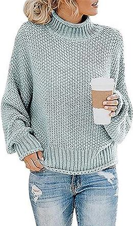 Generic Pull pour femme en tricot &eacute;pais &agrave; col haut en coton doux confortable d&eacute;contract&eacute; classique &eacute;l&eacute;gant pour lautomne et le quotidien, bleu, XXXXXL