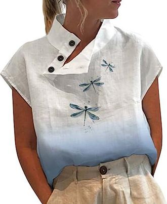 Onsoyours Chemisier Femme Coton Lin Eté Chic T-Shirt Manches Courtes Oversized Lin Blouse Tunique Casual Col V Imprimée Hauts Sexy Mode Lâche Respirant Chemise 