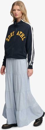 Superdry Jupe longue tiss&eacute;e &agrave; volants &eacute;tag&eacute;s et imprim&eacute; coeurs et p&acirc;querettes - Bleu brume