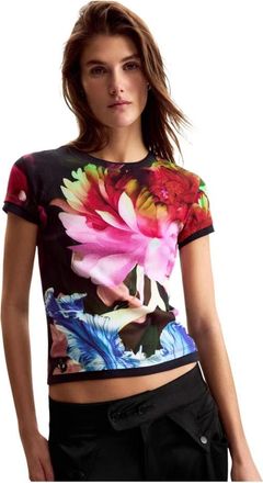 Desigual Femme, Tops, Multicolore, Taille: 36 FR Floral Pattern Short Sleeve Cotton T-Shirt with Round Neck