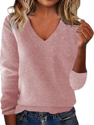 Generic Pull confortable en cachemire pour femme, col en V, automne 2025, décontracté, classique, doux, basique, pull léger et chaud, rose, XXL