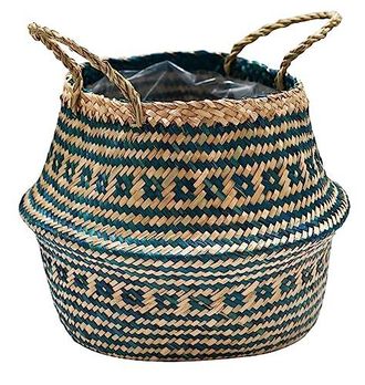 Ivyline Tribal gefütterter Korb in Blaugrün - Premium-Qualität - handgefertigt und wasserdicht - Seegraskorb mit Griffen für Zimmerpflanzen - H 30 cm x T 35 c