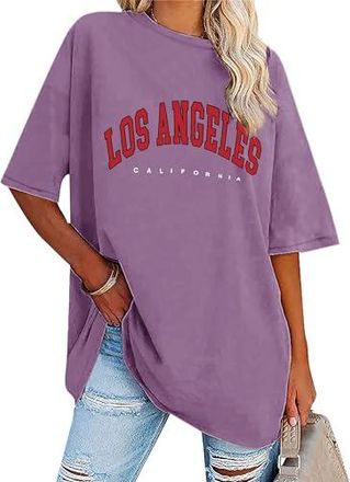 Dresswel T-shirt surdimensionné pour femme Los Angeles California Lettre imprimée Vintage T-shirt manches courtes col rond Haut dété ample Chemisier long Tuniq