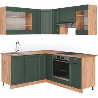 Vicco Eckküche Fame-Line, Grün-Gold Landhaus/Goldkraft Eiche, 160 x 190 cm, ap Eiche