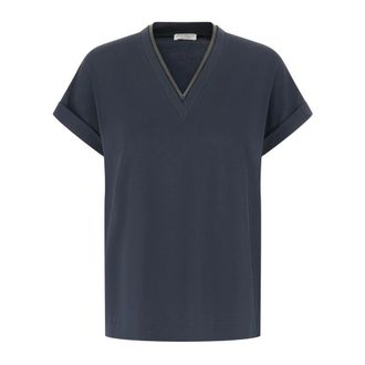 Brunello Cucinelli Stretch-Baumwoll-T-Shirt - - Tops - Damen - Blau - S
