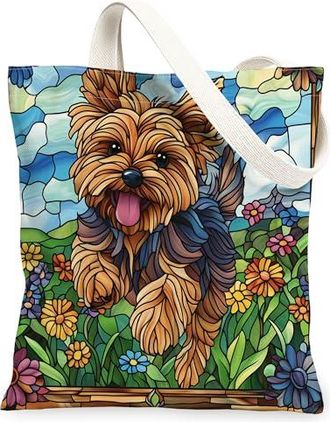 Generic Sac fourre-tout en toile motif chien yorkshire printanier 33 x 38,1 cm, sac d&eacute;picerie r&eacute;utilisable pour femme, peinture esth&eacute;tique, d&eacute;coration cadeau