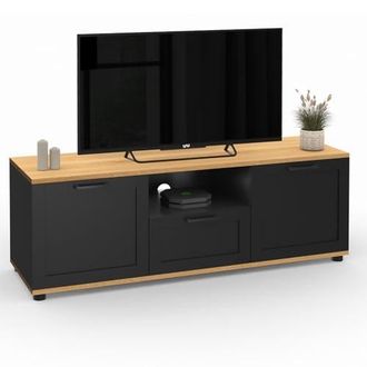 IDMarket Meuble TV 110 cm VITO avec tiroir et Niche Noir et Bois