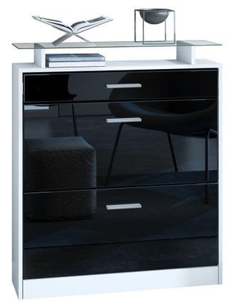 Vladon Schuhschrank Loret 89 x 104 x 23 cm Schuhkipper f&uuml;r 16 Paar Schuhe mit 1 Schublade, 1 Glasablage, Farben Wei&szlig; matt & Schwarz Hochglanz