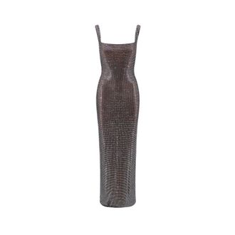 Self Portrait Robe mi-longue en r&eacute;sille &agrave; strass - Femme - Robes - Gris - Taille: 42 FR