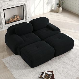 Generic Modulares Schlafsofa mit Ottomane, 3-Sitzer, modulares Cord-Sofa, ohne Montage, for Wohnzimmer, rahmenloses Sofa, mit gebogenen Armlehnen(Nero,2S+2)