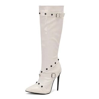 Generic Bottes d&eacute;quitation montantes pour femme avec sangle &agrave; boucle clout&eacute;e et fermeture &eacute;clair lat&eacute;rale, bout pointu, talons aiguilles, robe dhiver, blanc, 