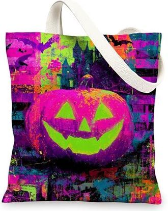 Generic Sacs fourre-tout en toile dHalloween, motif citrouille coloré, sacs de courses réutilisables, artistiques, vibrants, légers et lavables, coloré, 13x15
