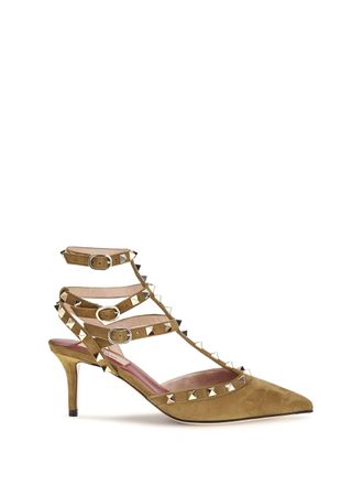 Valentino Garavani Womens Rockstud Suede Pumps Havana Beige Goatskin High Heel Shoes