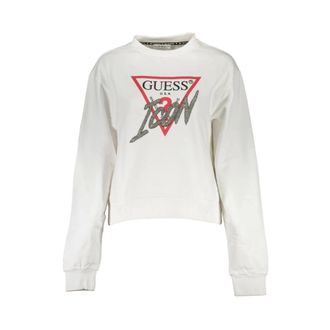 Guess Femme, Sweatshirts et sweats &agrave; capuche, Blanc, Taille: 38 FR Pull en Coton Blanc avec Imprim&eacute; Glamour